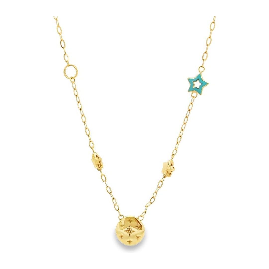 18K Yellow Gold Enamel Necklace with Atomic Stone and Star Motifs