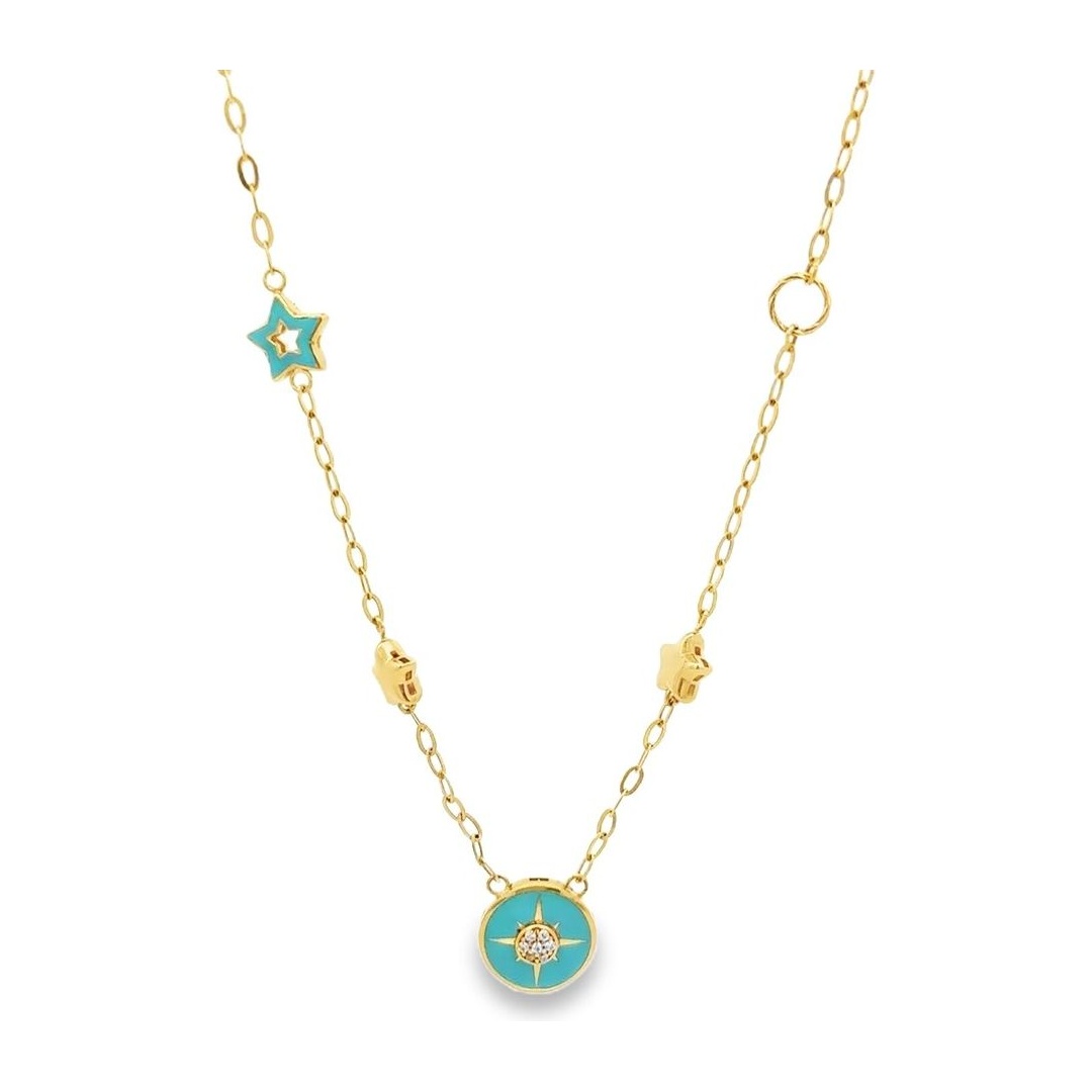 18K Yellow Gold Enamel Necklace with Atomic Stone and Star Motifs