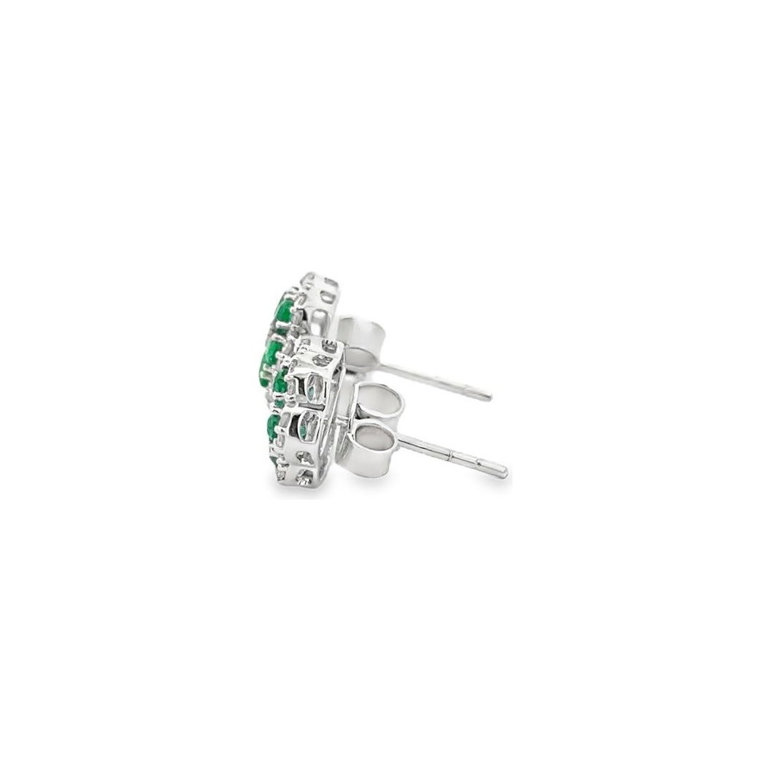 18K White Gold Emerald Flower Stud Earrings with Natural Diamonds