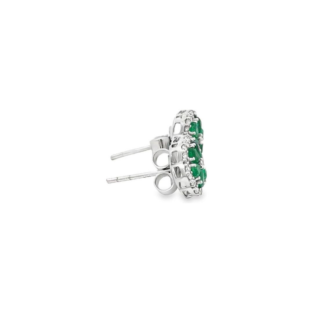 18K White Gold Emerald Flower Stud Earrings with Natural Diamonds