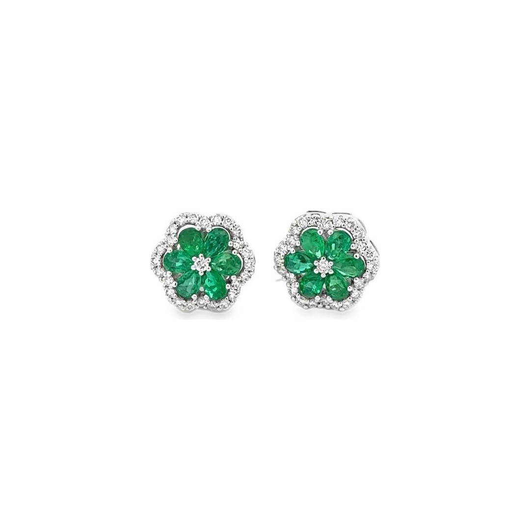 18K White Gold Emerald Flower Stud Earrings with Natural Diamonds