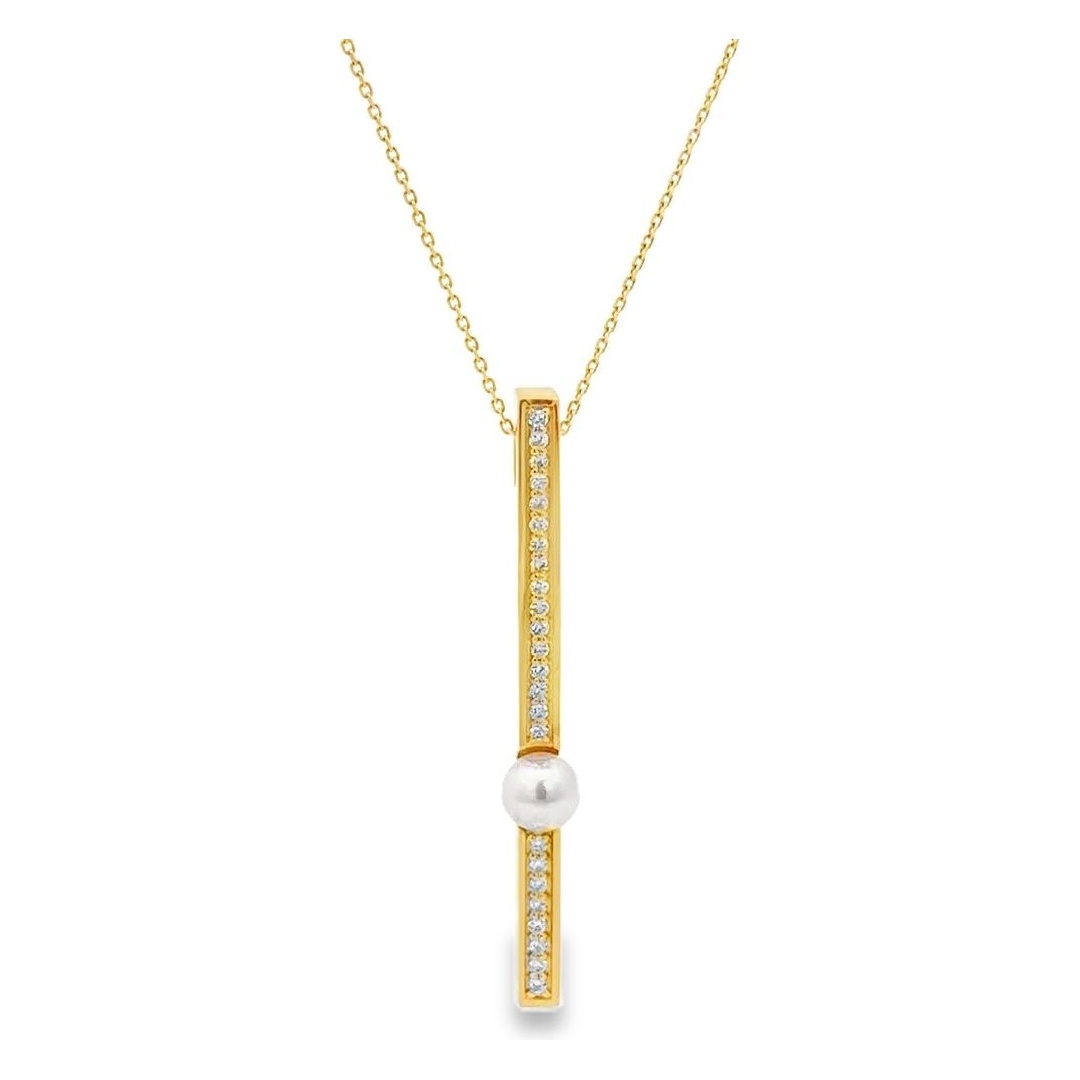 18K Yellow Gold Pearl & Natural Diamond Vertical Bar Necklac