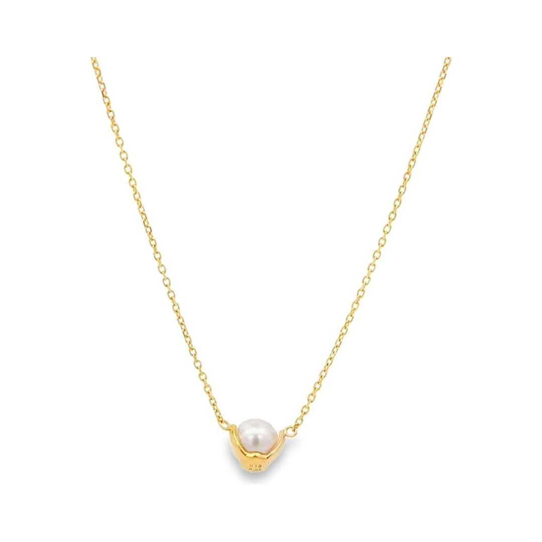 18K Yellow Gold Pearl Necklace with Natural Diamond Accent