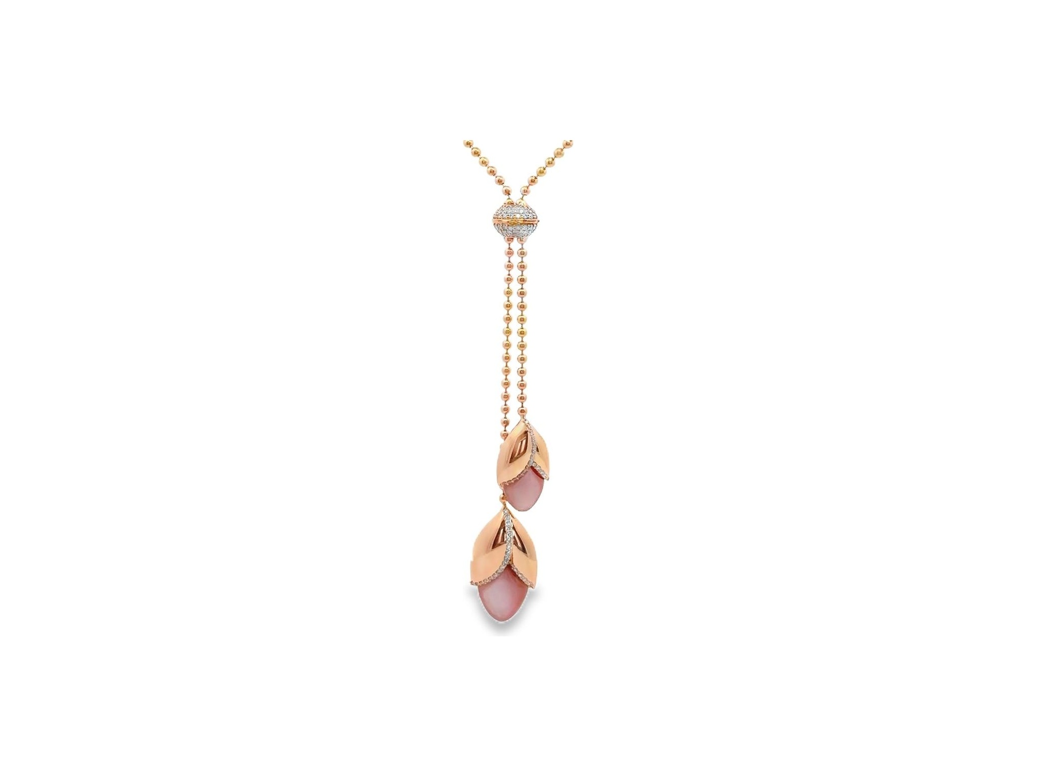18K Rose Gold Necklace with Rose Quartz Drops and Natural Diamonds